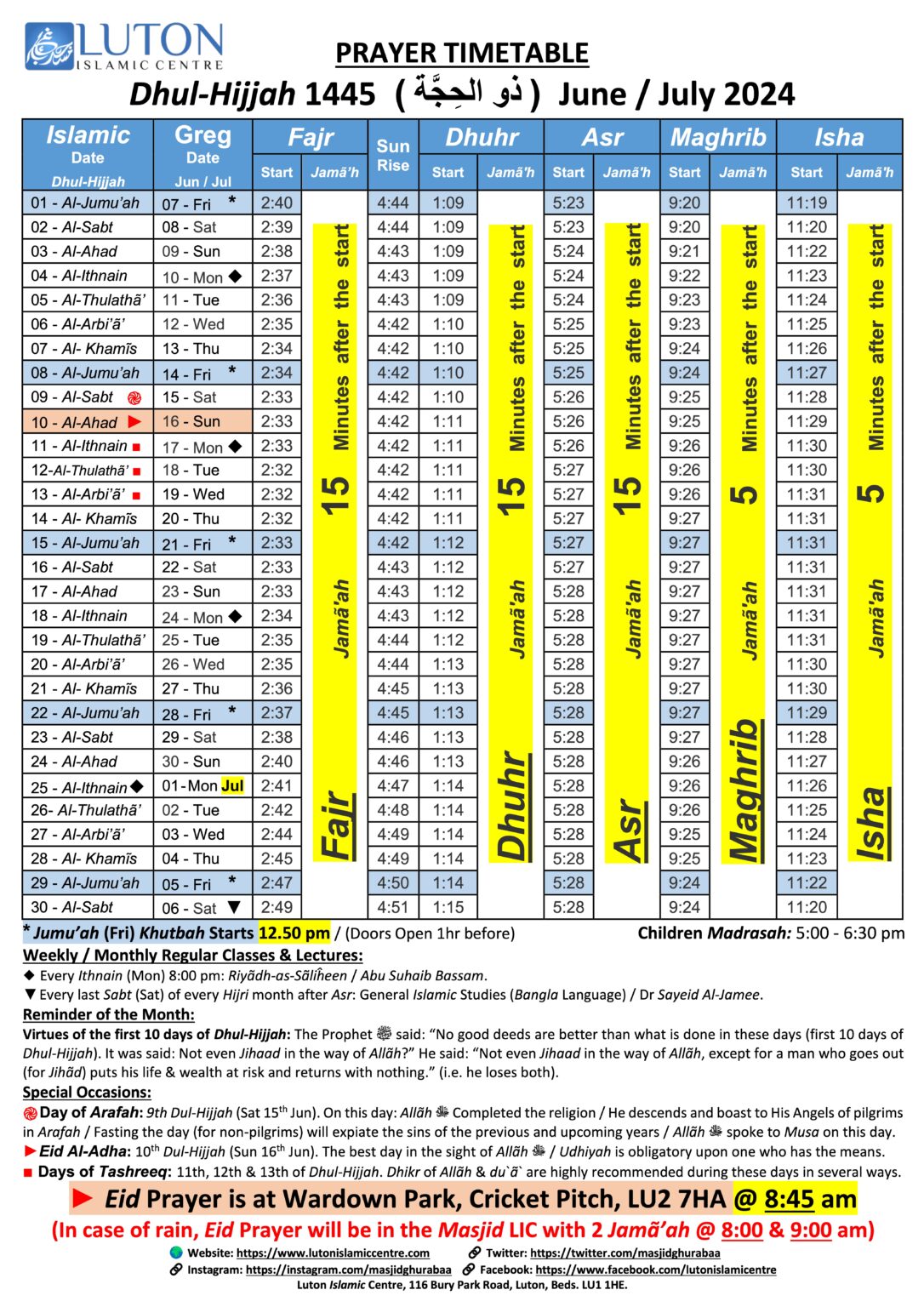 Prayer Time Table PDF – Luton Islamic Centre